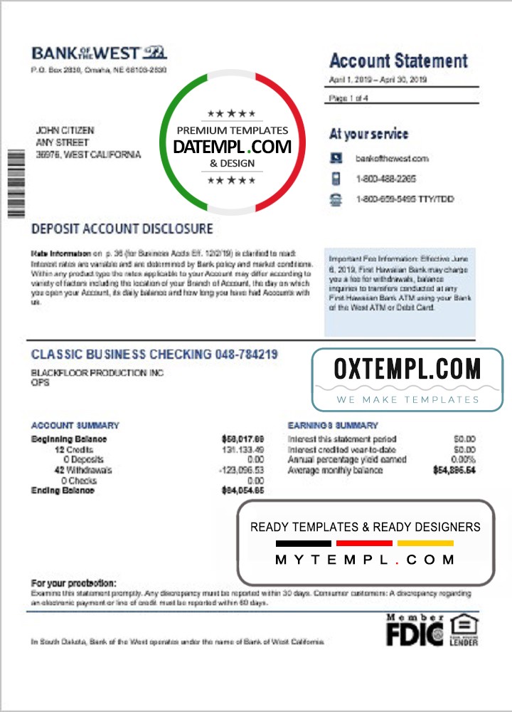 editable template, USA Bank of the West bank statement template in Word ...