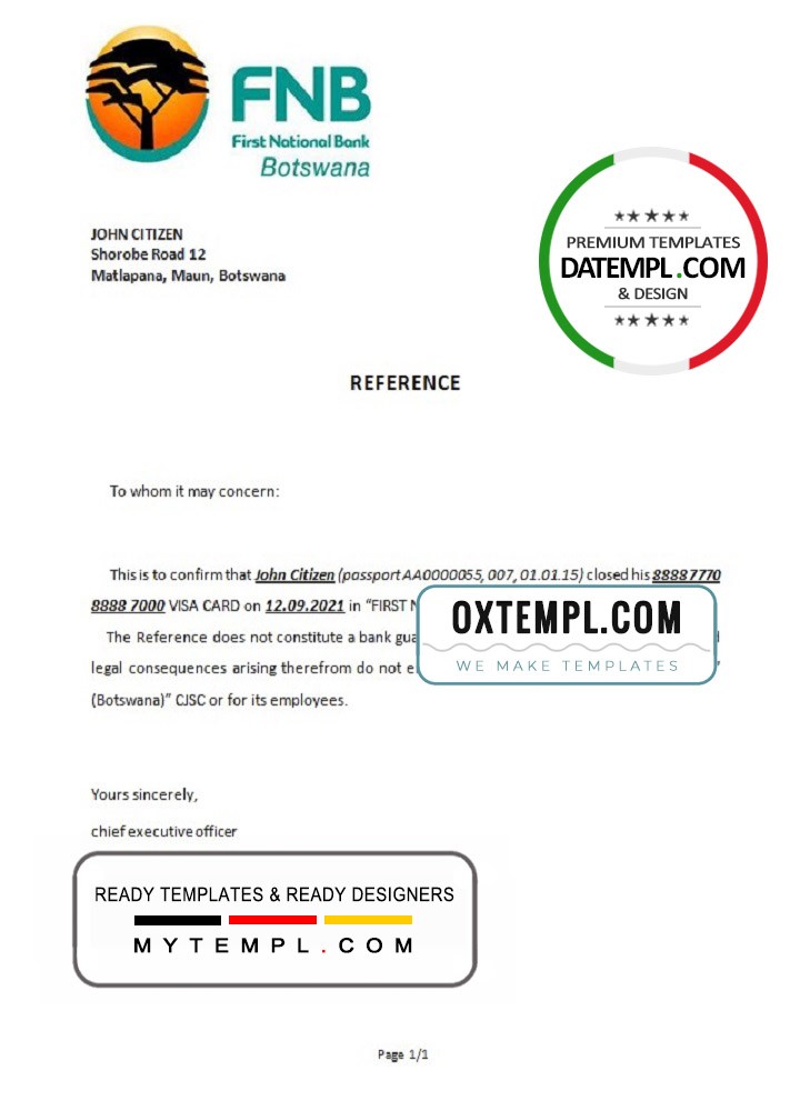 editable template, Botswana First National Bank (FNB) account closure reference letter template ...