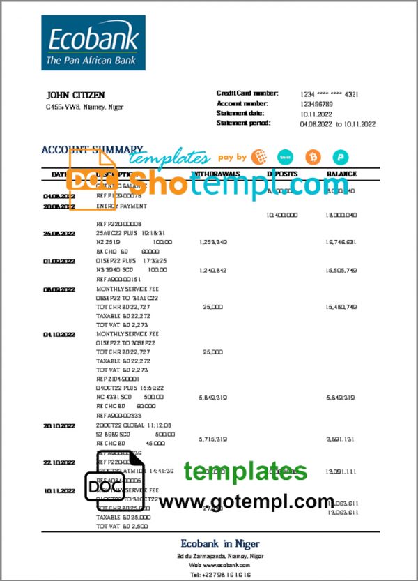 editable template, Niger Ecobank bank statement template in Word and PDF format