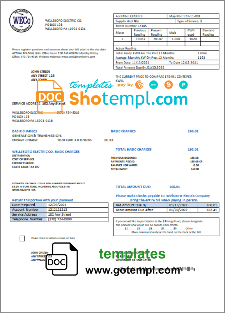 editable template, USA Pennsylvania Wellsboro Electric utility bill ...
