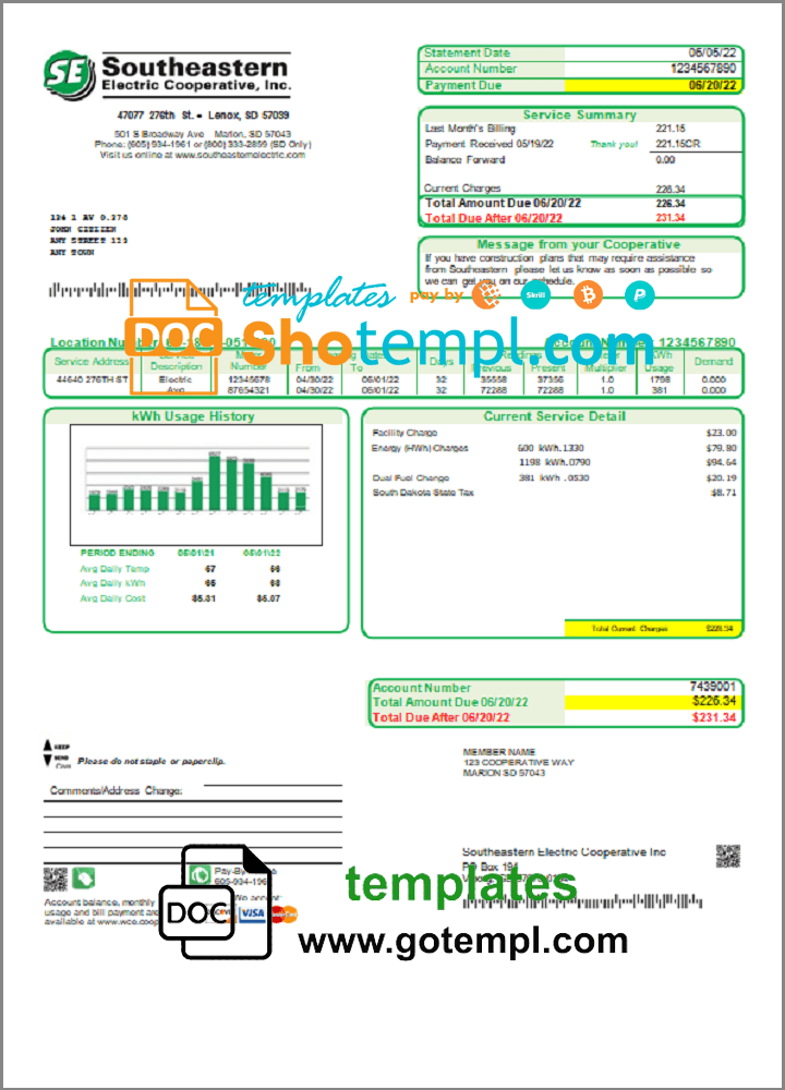editable template, USA South Dakota Southeastern Electric utility bill ...