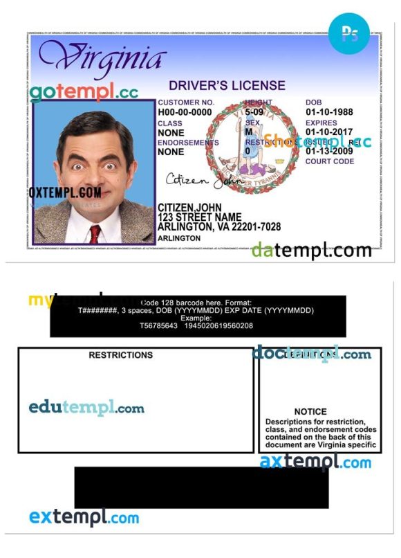 Virginia driver license PSD template, version 2